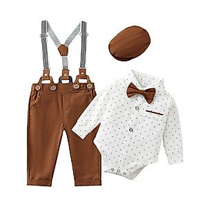ZOEREA Baby Boy Suit Clothes Set Infant Tuxedo Long Sleeve Gentleman Outfits+Suspender Pants+Bowtie+Beret Hat 6-12 Months