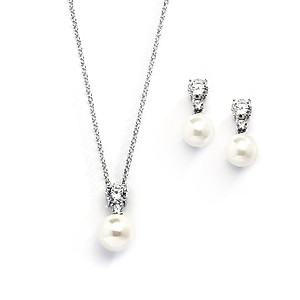 Mariell Pearl Wedding Necklace Earrings Set with CZ Crystal, Jewelry for Brides, Bridesmaid, Mother's Day