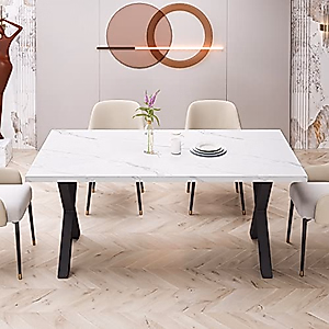 70.87" Faux Marble Dining Table, Modern Rectangular Dining Table with Printed Marble Table Top and X-Shape Stainless Steel Table Leg/Metal Base for Kitchen & Dining Room（White Top+ Black Legs）