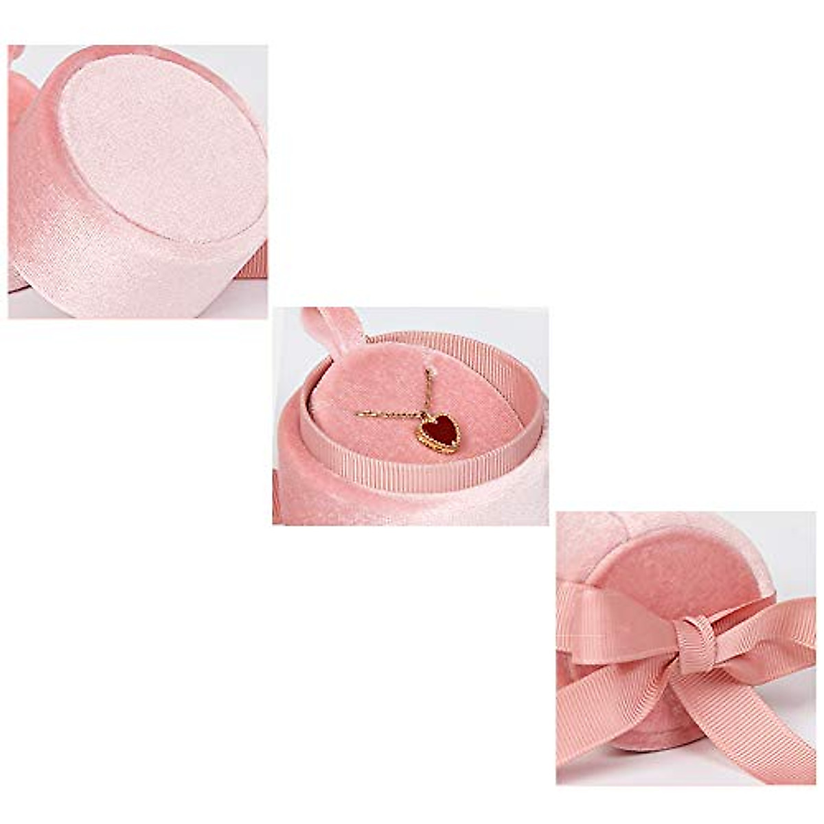Beatilog Small Necklace Gift Box - Velvet Pendant Case Portable Round Jewelry Storage with Elegant Ribbon Bow for Birthday, Mothers Day, Christmas, Wedding, Anniversary （Pink）