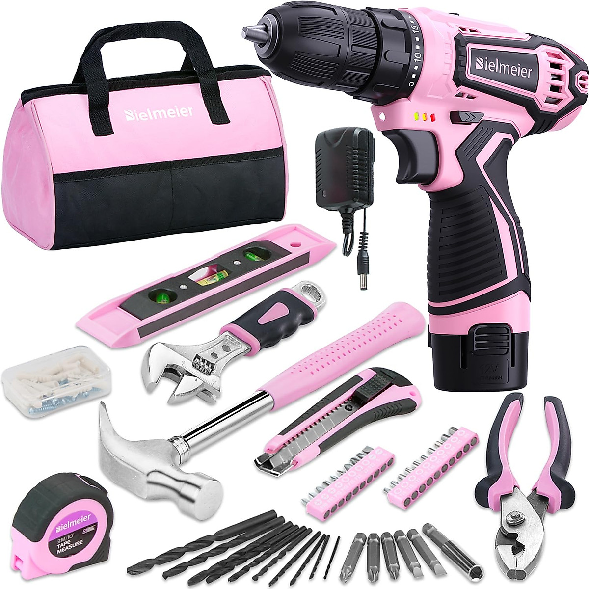 Bielmeier 12V Pink Cordless Drill Set - Essential Women's power drill tool set for Home Projects - Complete Ladies Tool Set with Stylish Pink Accessories, Ideal for Home Maintenance Valentine's Day