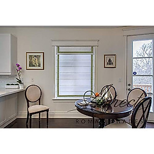 LOGANOVA Flat Roman Shade Chevalle Pine. Three sides light green border on white background. Includes valance and chain mechanism. Custom made.
