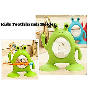 Cartoon Frog Fun Kids Toothbrush Holder with Suction Cup for Bathroom,Toothpaste Holder with Cup for Mounting on Smooth Wall for Toddler Kids Baby Boys Girls in Bathroom Shower Bedroom Office (Blue)