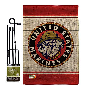 Marine Bulldog Burlap Garden Flag - Set with Stand Armed Forces Corps USMC Semper Fi United State American Military Veteran Retire Official - House Banner Small Yard Gift Double-Sided 13 X 18.5