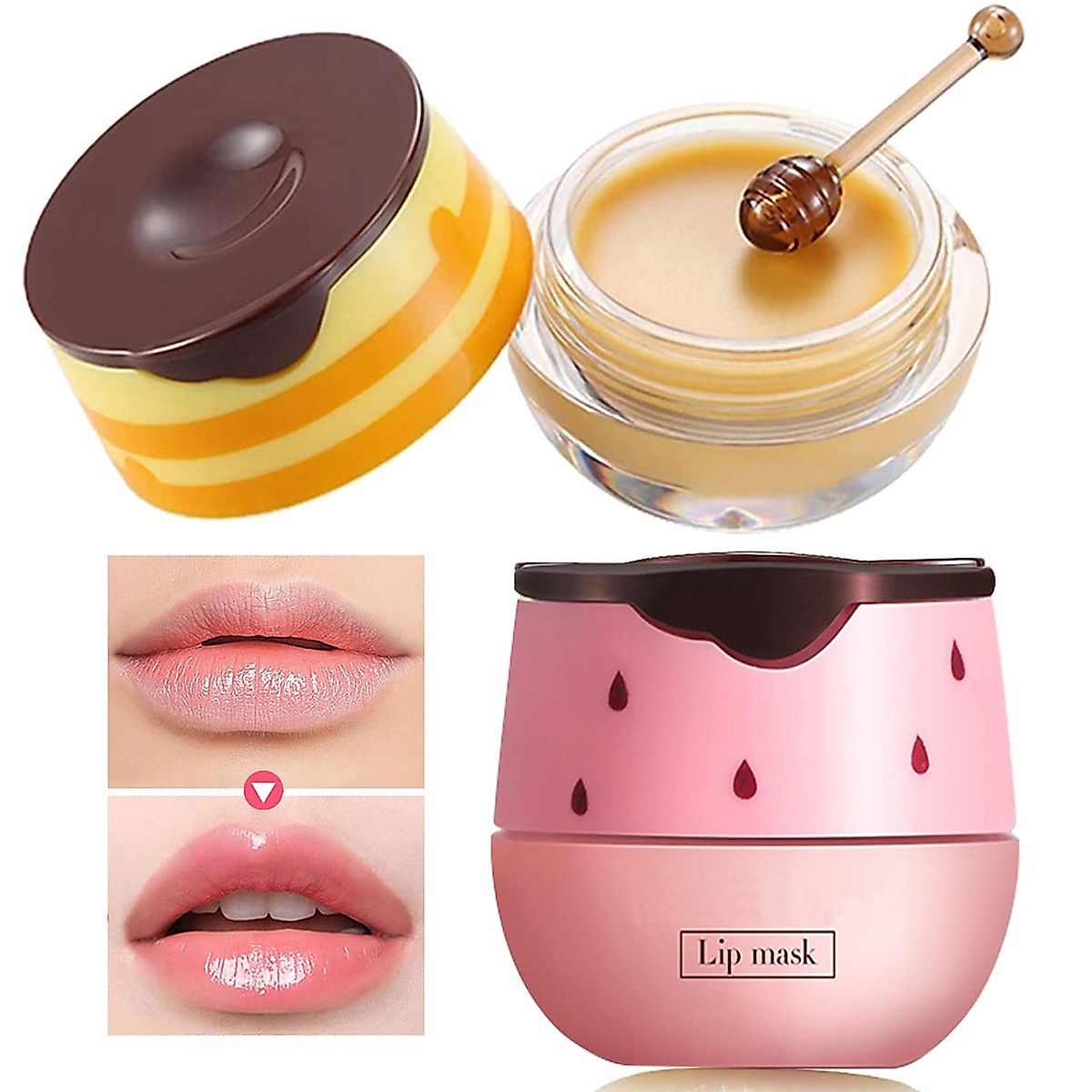 2 PCS Bee Lip Balm Lip Mask Honey Pot, Honey & Strawberry Lip Mask Propolis Moisturizing Lip Balm with Stick - Hydrating Prevention Dry and Cracked Lip Scrubs Exfoliato Lip Wrinkle Care