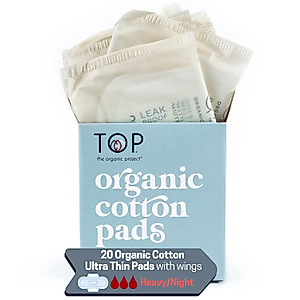 TOP the organic project: Ultra Thin Super (Night) Absorbent Pads w/Wings - Certified 100% Organic Cotton | Non-Toxic, Biodegradable (Natural Sanitary Napkin, Breathable, Unscented), 20 Ct