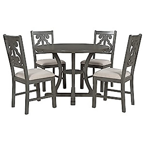 RITSU 42" 5 Piece Chairs Set, Hollow Back, Round Table top, no Sharp Corners, Protect The Elderly and Children, Suitable for Dining, Living Room, Kitchen, Gray, Brown