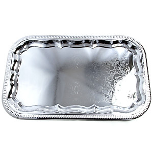 Maro Megastore (Pack of 4) 20.9" x 12.8" Traditional Rectangular Trim Floral Pattern Engraved Catering Chrome Plated Serving Plate Mirror Tray Platter Tableware Holiday Party Serving (Large) T227L-4PK