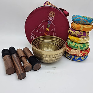 Khusi Tibetan singing bowls chakra sets, hand carved buddha mantra and symbol, sets of seven divine sound bowl.