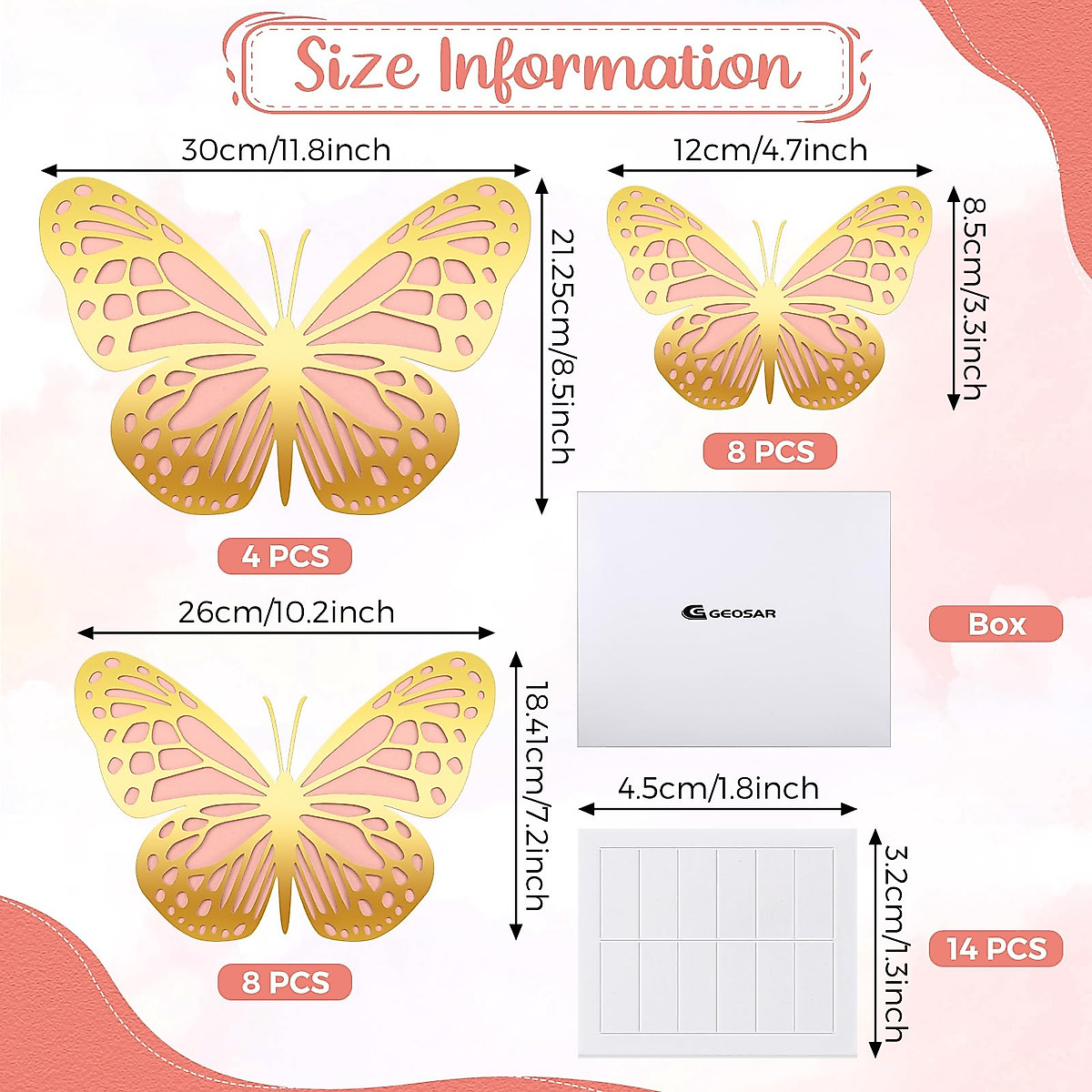 Geosar 20 Pcs 3D Large Butterfly Party Decoration 2 Layer Giant Paper Butterfly Stickers Big Butterfly Wall Decoration Set Large Butterfly for Birthday Baby Shower Nursery (Gold,Pink)