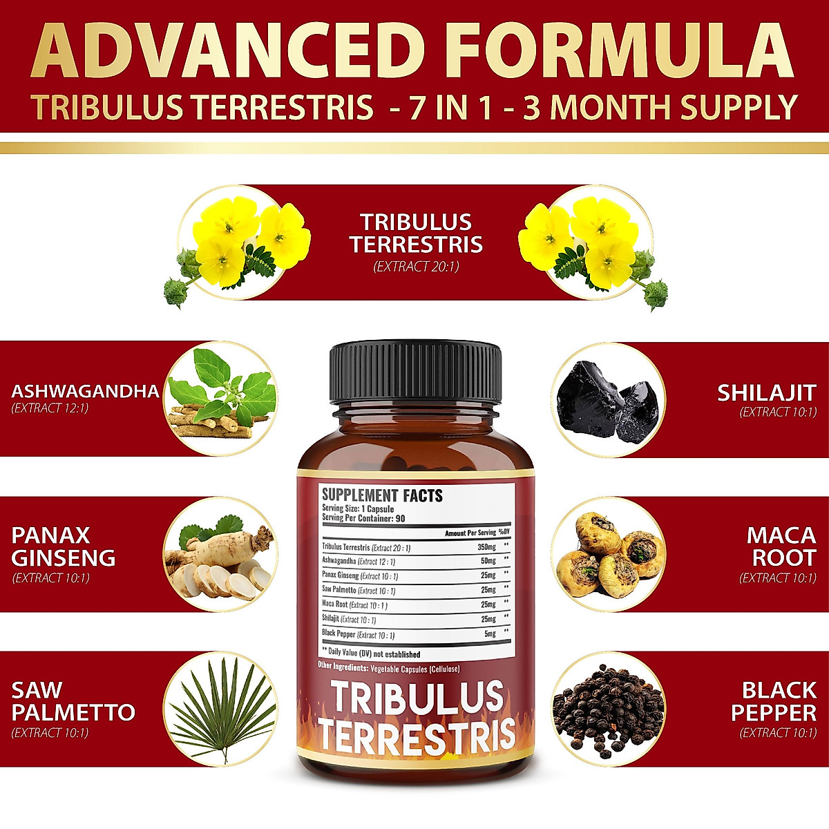 Zolotus Tribulus Terrestris, 8650mg Per Capsule, High Potency with Ashwagndha, Panax Ginseng, Saw Palmetto, Maca, Shilajit. Boost Energy, Mood, Stamina & Performance, for Men & Women, 3 Months Supply.