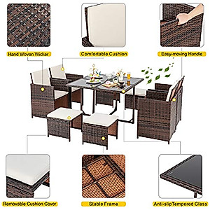 Vongrasig 9 Piece Small Patio Dining Set, Outdoor Space Saving PE Wicker Dining Patio Furniture Conversation Set w/Glass Patio Dining Table & Cushioned Rattan Chairs for Lawn Garden Backyard (Beige)