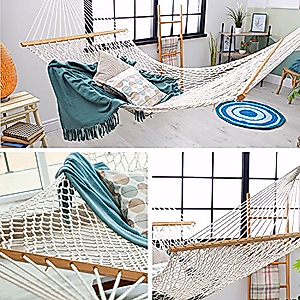 Cotton Rope Hammock with Tree Straps Kit, Ohuhu 52-Inch Wide 2 Person Hammocks for Outside with Bottle Holder & Side Pocket, All-in-One Double Hammock for Indoor Outdoor Garden Patio Yard Balcony