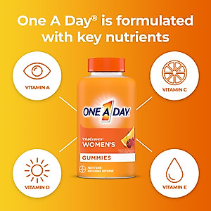 One A Day Women’s Multivitamin Gummies, Supplement with Vitamin A, Vitamin C, Vitamin D, Vitamin E and Zinc for Immune Health Support, Calcium & more, Orange, 230 count, Fruity