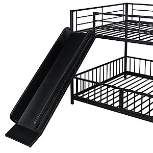 Unique Metal Bunk Bed with Slide and Fence, Bunk Bed with Ladder for Toddler Kids Teens (Black/Metal, Full Over Full)