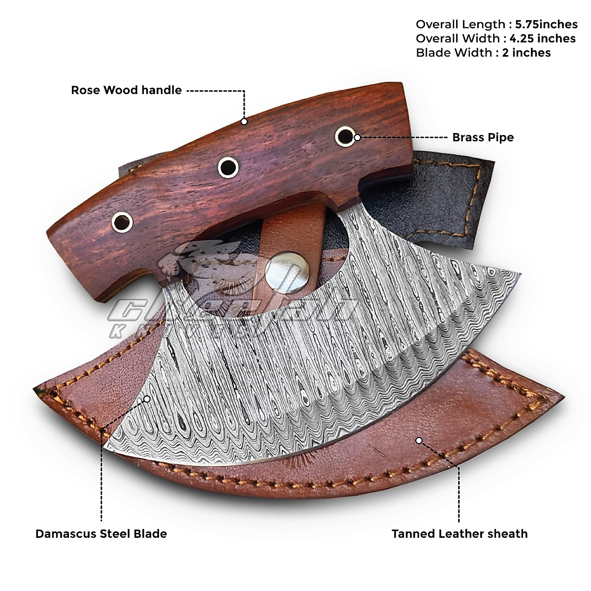 Damascus Ulu Knife with Leather Sheath- Authentic Damascus Steel Multipurpose Kitchen Tool for Chopping, Slicing, and Dicing