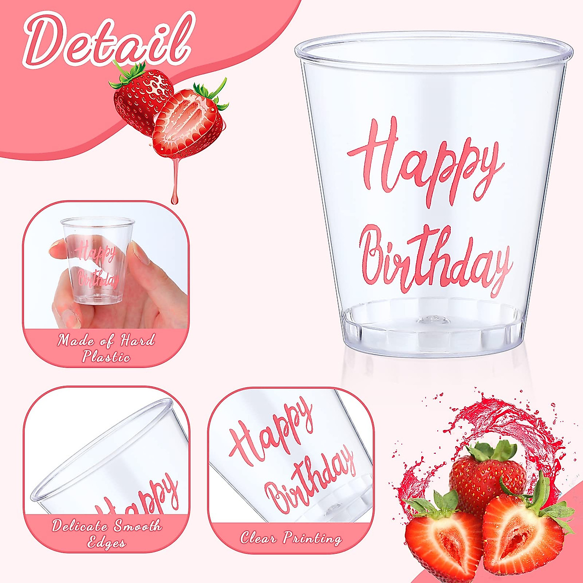 Lallisa 100 Pcs Happy Birthday Plastic Disposable Shot Cups 2 oz Birthday Shot Glass Drinking Tasting Serving Snacks Samples Cups forParty Favors Happy Wedding Supplies(Pink)