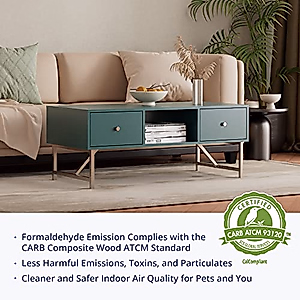 Cozy Castle Coffee Table with Drawers, 43" Mid Century Modern Coffee Table with Storage, Coffee Table with Metal Legs, Wood Small Coffee Table for Living Room, Bedroom and Office, Green