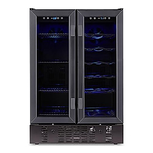 NewAir 24” Wine and Beverage Refrigerator and Cooler, 18 Bottle and 60 Can Capacity, Built-in Dual Zone Fridge in Black Stainless Steel with French Doors