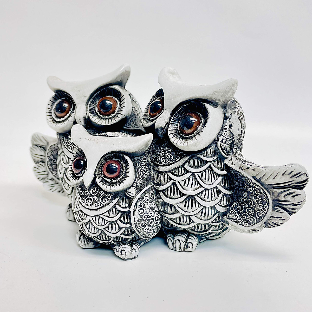 Owl Statue for Home Décor Accents, Owl Figurine Decoration for Living Room Kitchen Bedroom Bathroom, Cute Family Set with Wings All Together, Nice Decor (White/Black)