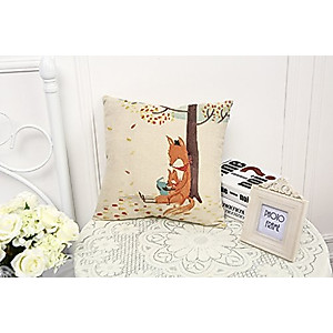 ChezMax Cute Fox Pattern Cushion Cover Cotton Linen Pillowslip Square Decorative Throw Pillow Case 18 X 18''