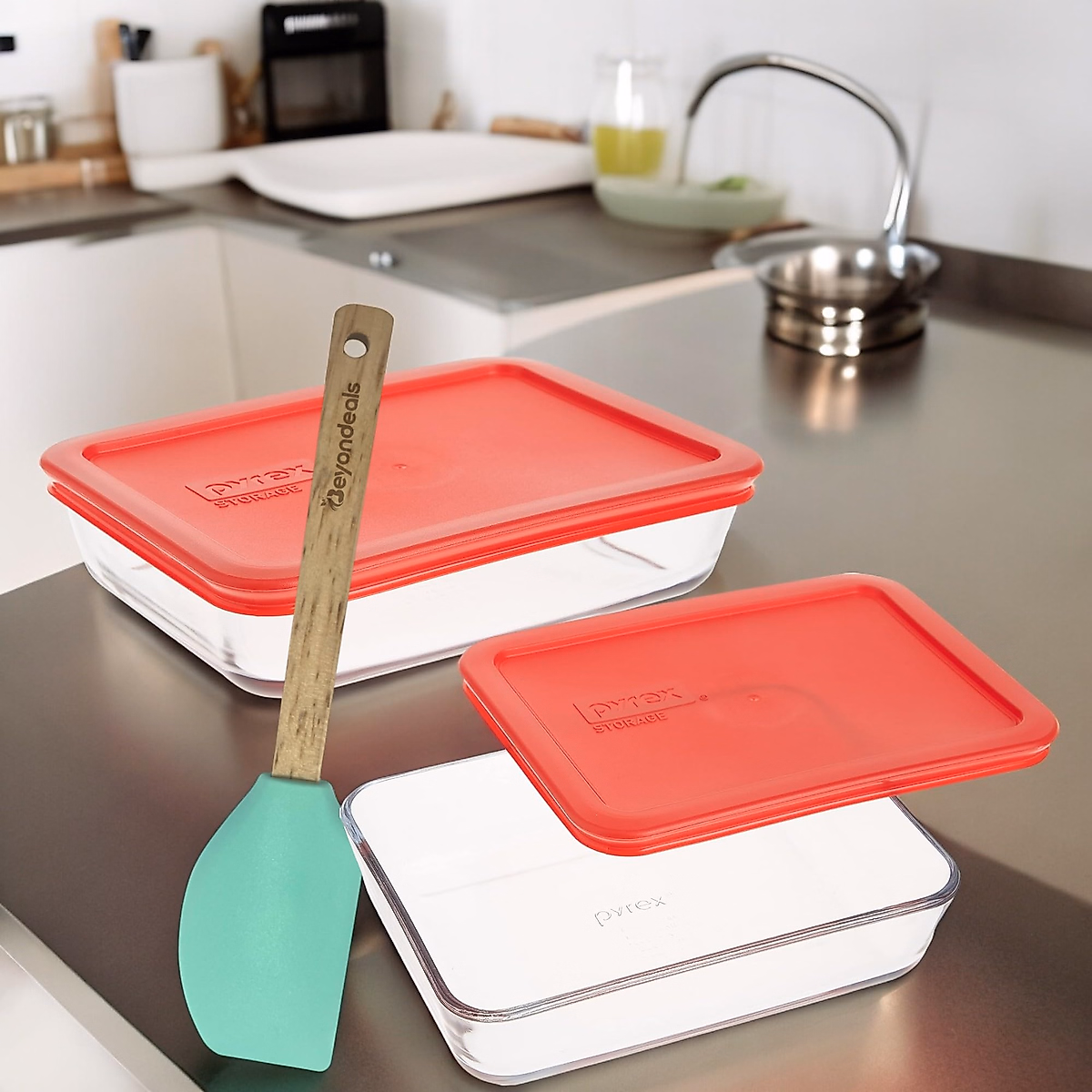 Beyondeals Rectangular Glass Storage Containers With Lids, 1Lb, 3-Cup Food Storage Solution, Bundle Silicone Spatula, Microwave/Dishwasher/Oven-Use, Leakproof Food Containers [Pack Of 2