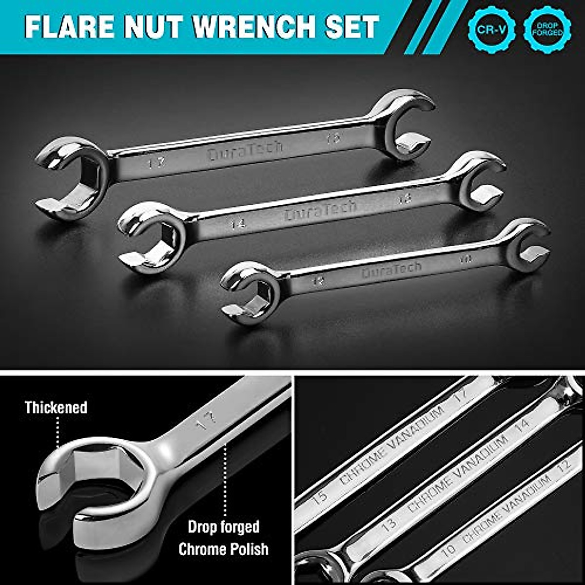DURATECH Flare Nut Wrench Set, Metric, 3-piece, 10, 12, 13, 14, 15, 17mm, CR-V Steel, Organizer Pouch Included