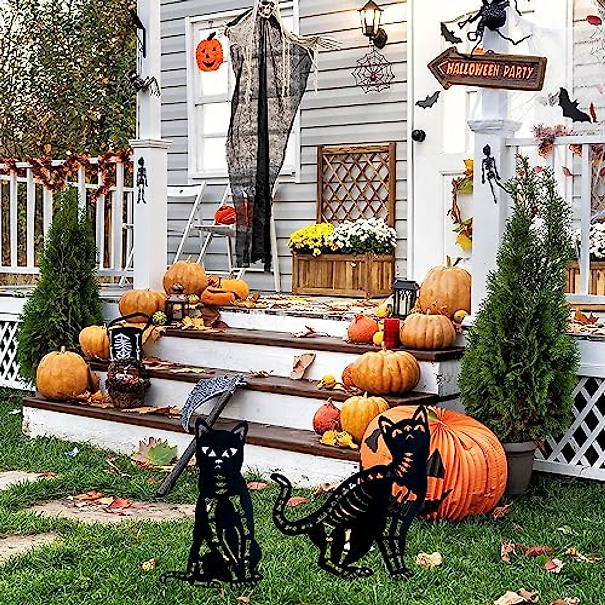 YEAHOME Halloween Decorations Outdoor, 2 Pack Skeleton Black Cat Garden Stakes for Halloween Decor, Scary Metal Cat Silhouette Yard Signs for Outside Garden Lawn Patio Party Decorations