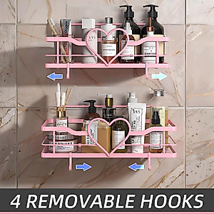 FLCITY Pink Shower Caddy with 4 Removable Hooks, 2 Pack Sweet Heart Shower Shelves,No Drilling Adhesive Organizer Shelf for Bathroom Shower,Kitchen,Bedroom