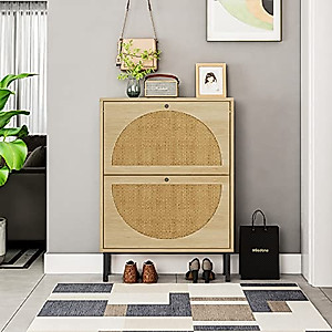 Yoluckea Rattan Shoe Cabinet, Shoe Cabinet Rack with Natural Rattan Weave Doors Design and 2 Flip Down Drawers, Narrow Shoe Cabinet with Metal Legs, Freestanding Wood Shoe Organizer (Light Brown)