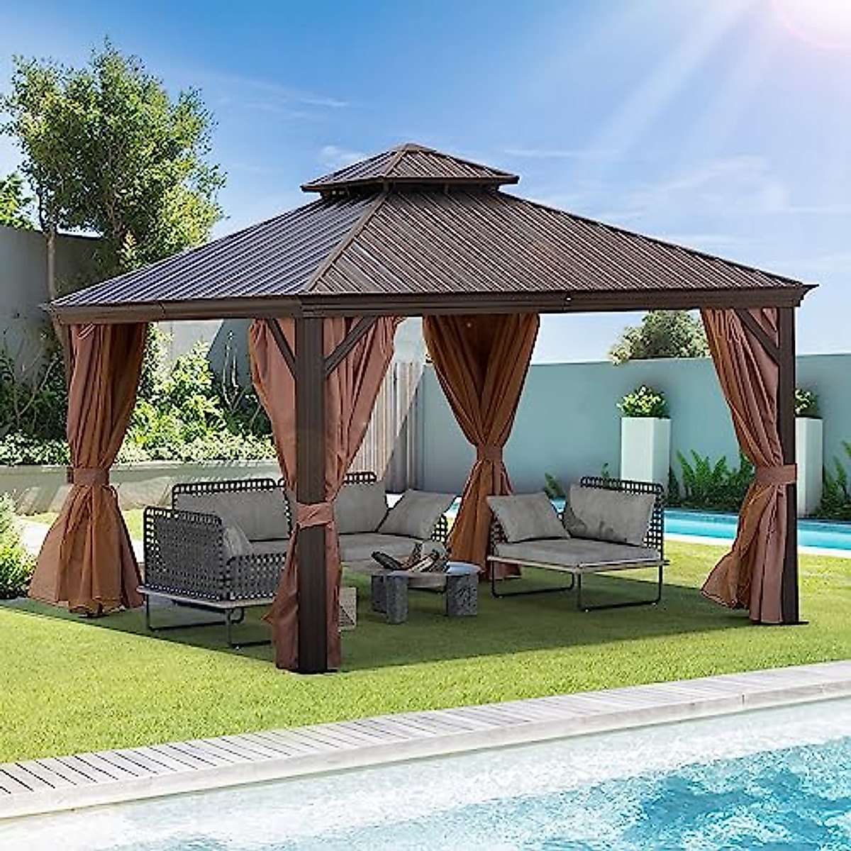 12' x 12' Hardtop Gazebo, Double Roof Permanent Patio Metal Gazebo Canopy with Netting and Shade Curtains, Drainage Ditch Design, Aluminum Pergola for Patio Backyard Deck and Lawns