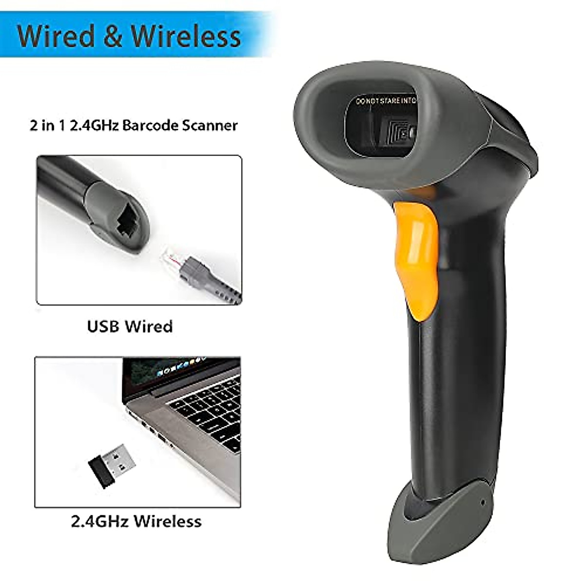 1D CCD 2.4G Wireless Bar Code Scanner Versatile 2 in 1 (Wireless+USB Wired), UNIDEEPLY Automatic Barcode Reader Scanner 196 Feet Indoor Transmission Distance, Scanning Gun for PC Computers, Black