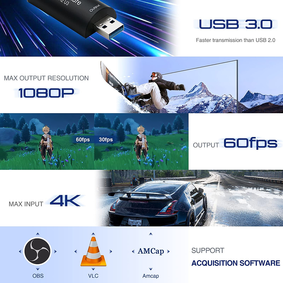 ORIVISION HDMI Video Capture Card, Cam Link 4K 30 HDMI to USB 3.0 1080P60 Game Capture Card Device for Streaming Recorder, Live Broadcasting, Compatible with Nintendo Switch,Xbox,PS4 (VLC/OBS/Amcap)