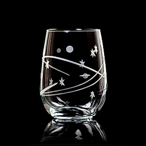 Rolf Glass Space Stemless Wine Glass 17 ounces | Lead-Free Glass | American Made Glass Design | Etched Tumbler Glasses | Planets and Stars - for the Space Enthusiast's Thirst (Set of 4)