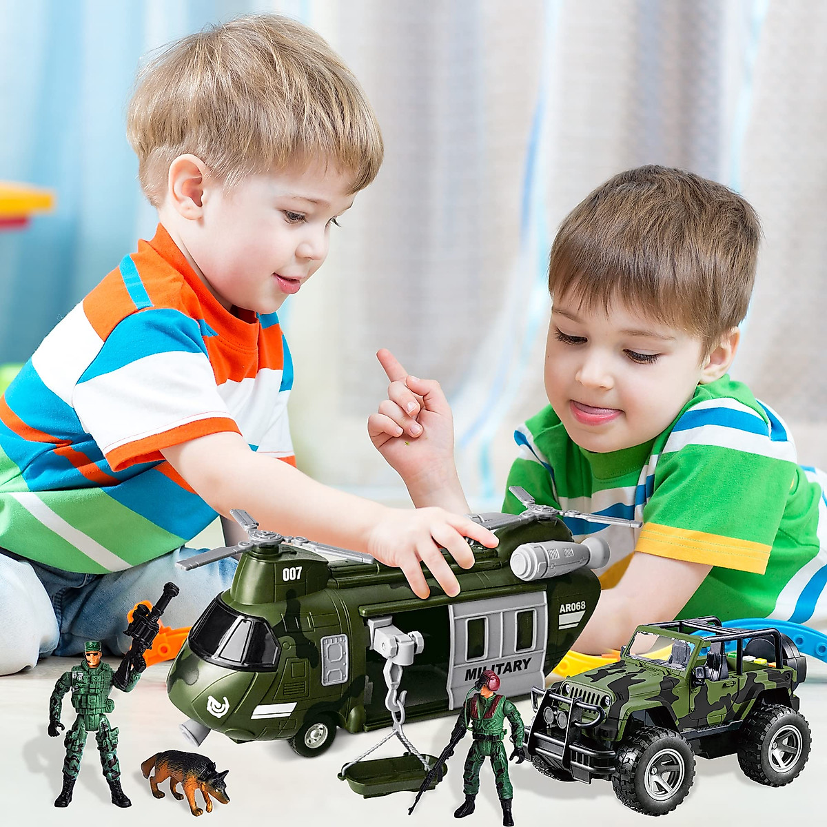 JOYIN Military Vehicles Toy Set of Friction Powered Transport Helicopter and Military Truck with Light and Sound Siren and Army Men Soldier Action Figures for Kids