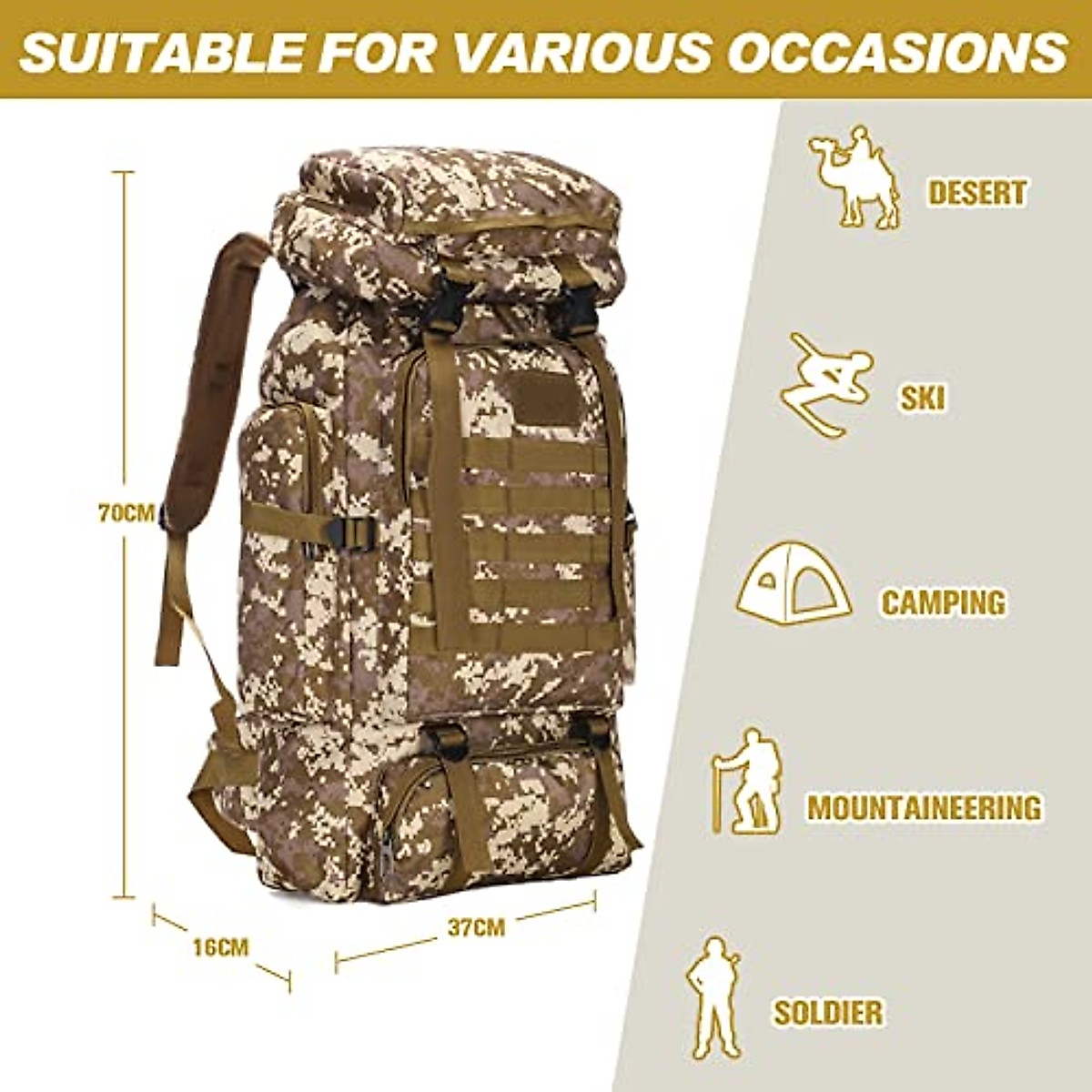 75 liters camping trekking military tactical backpack travel backpack hunting backpack (classic desert)