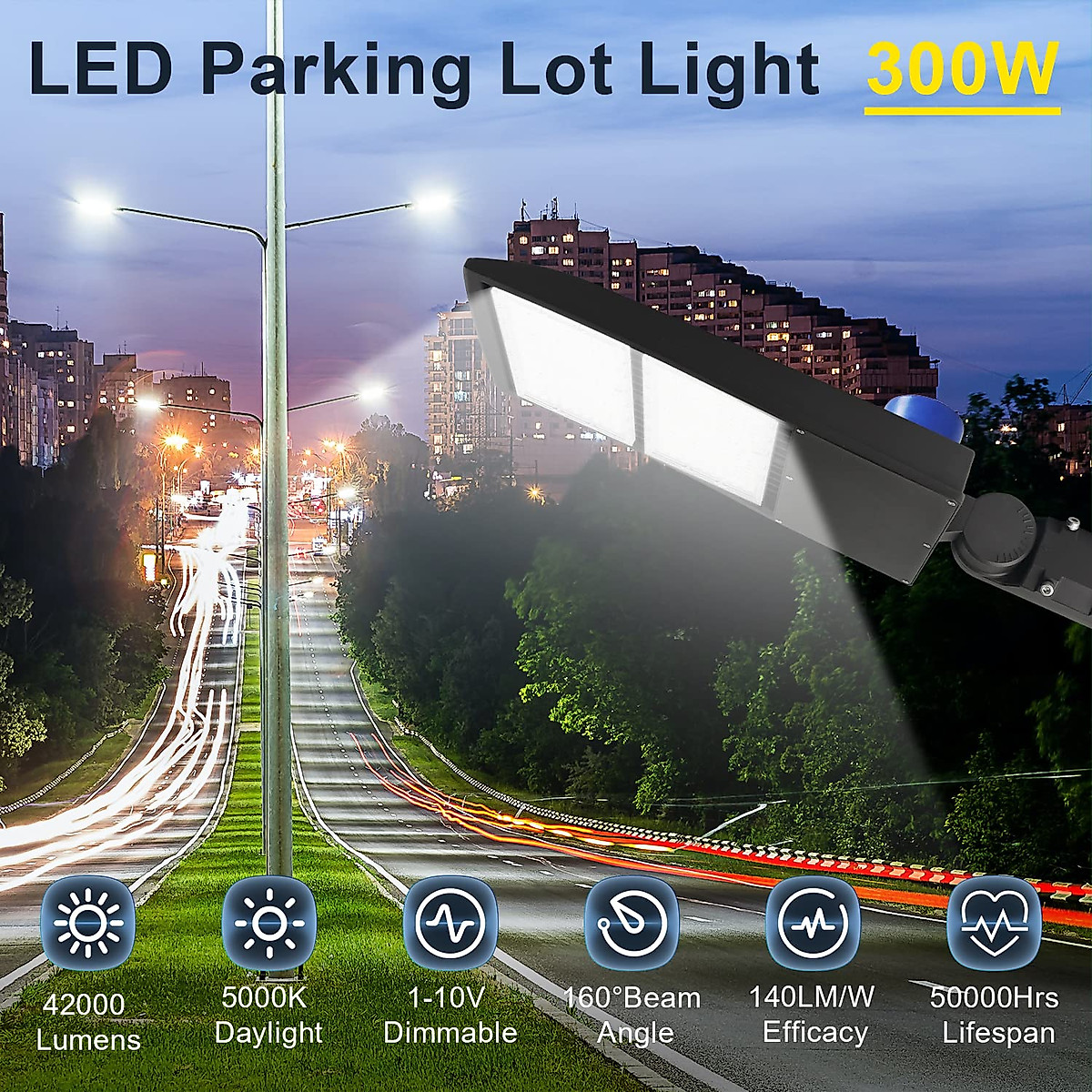300W LED Parking Lot Light with Dusk to Dawn Photocell 42000LM 5000K 1-10V Dimmable LED Shoebox Area Light (1000W HID/HPS Equivalent), Direct Arm Mount 100-277V AC IP65, UL&DLC Listed