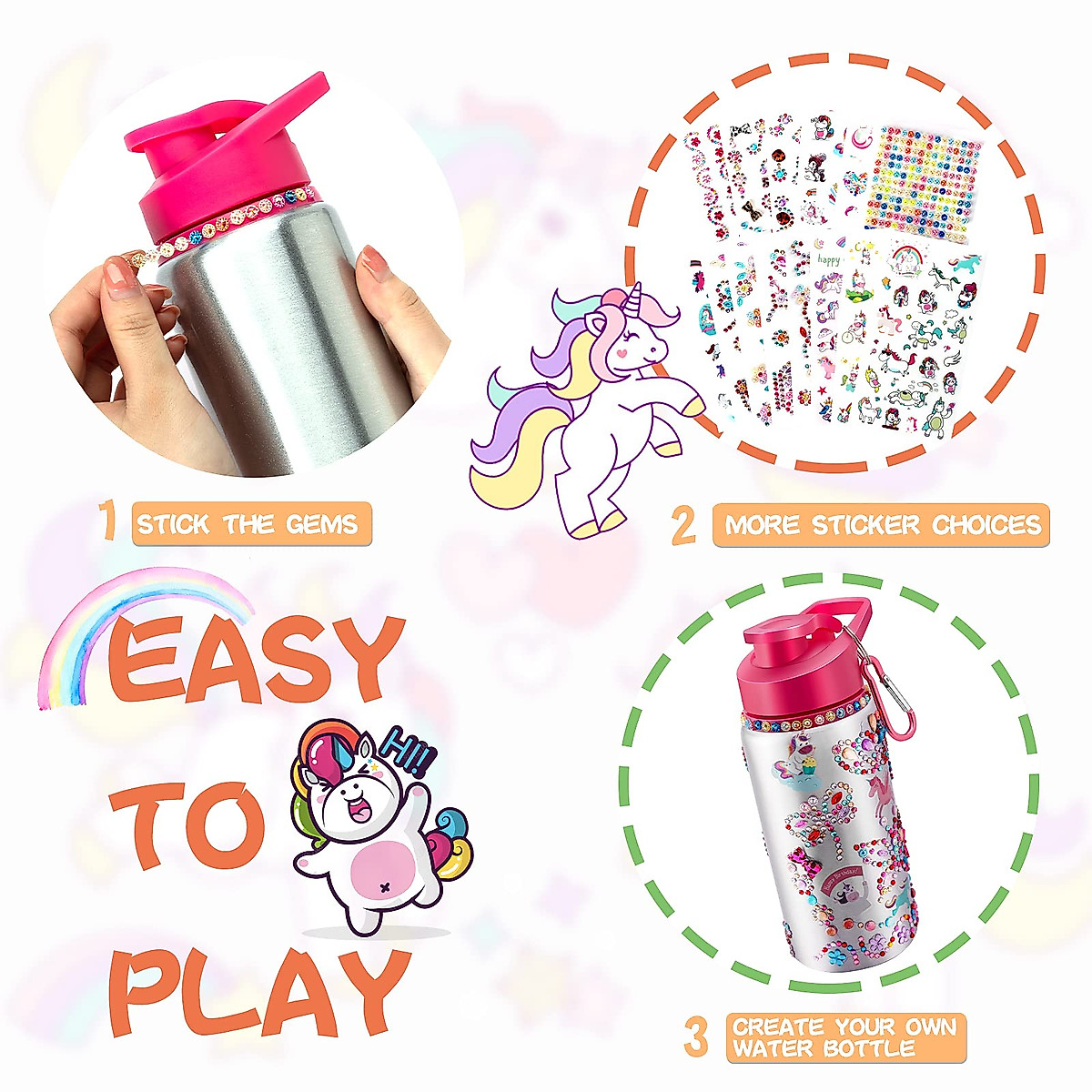 FSTSLK Girls Gifts Decorate Your Own Water Bottle with 14 Sheets of Unicorn Stickers & Glitter Gem. Cool Valentines Day Gifts for Kids & Easter Basket Stuffers for Girls Age 6 and Up