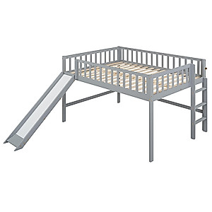 Harper & Bright Designs Full Size Low Loft Bed with Slide, High Guardrail & Ladder, Kids Wooden Full Loft Bed Frame for Girls,Boys, No Box Spring Needed, Gray