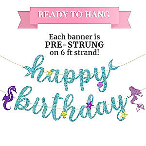 Pre-Strung Glitter Mermaid Birthday Banner, NO DIY, Little Mermaid Birthday Decorations, Mermaid Banner, Little Mermaid Party Decoration for Girls,Boys,Kids Baby Shower etc.