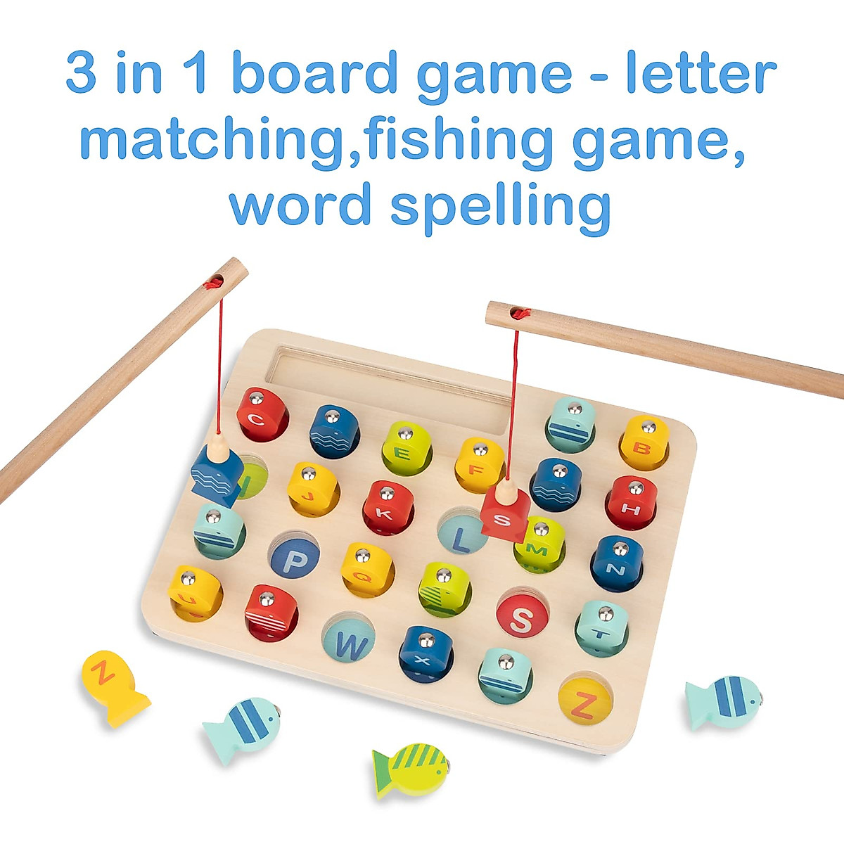 TOOKYLAND Wooden Magnetic Fishing Game - 29pcs - Alphabet and Spelling Educational Sorting Toy for Kids 3 Years Old +
