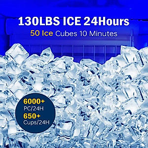 Commercial Ice Maker Machine, 130lbs/24H Under Counter ice Machine with 36lbs Ice Storage Capacity, 50 Ice Cubes/Cycle Stainless Steel Freestanding Ice Maker, Intelligent Operation, Automatic Cleaning
