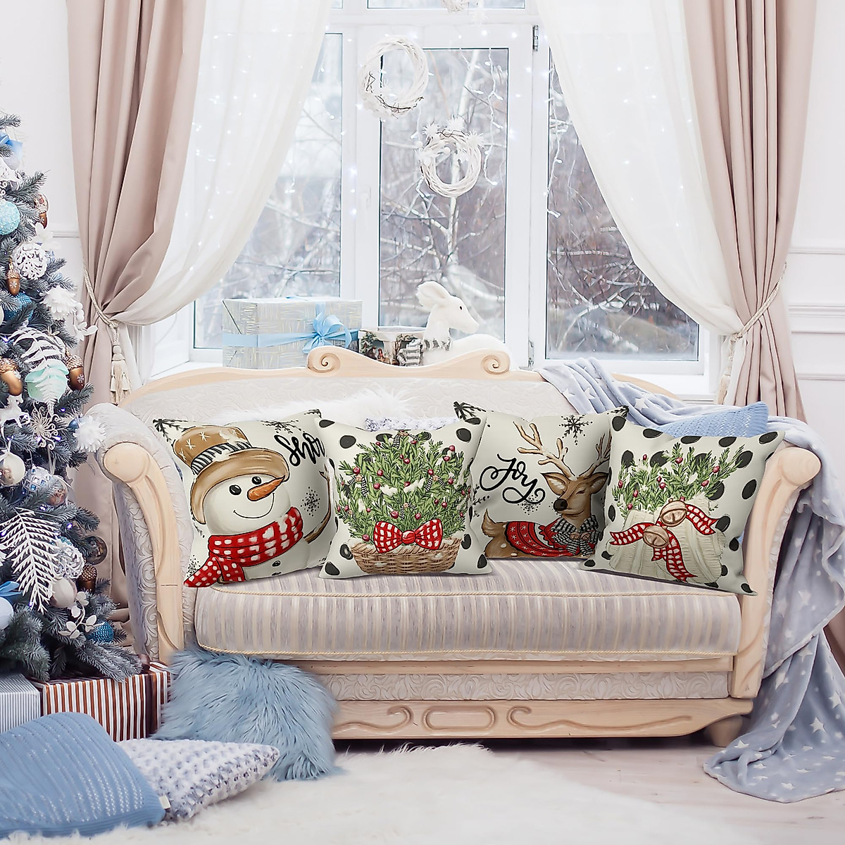 LITIVY Christmas Decor Pillow Covers Set of 4 Decorative Throw Pillowcase for Winter Xmas Holiday Home Decor for Sofa Couch (Christmas Tree Snowman Gloves Deer) (18"x18", Black)