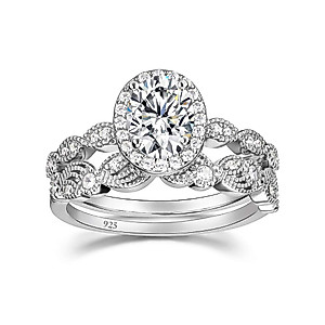 EAMTI 1.5CT 925 Sterling Silver Bridal Rings Sets Oval Cubic Zirconia Halo CZ Engagements Rings Wedding Bands for Women Promise Rings for her Size 7