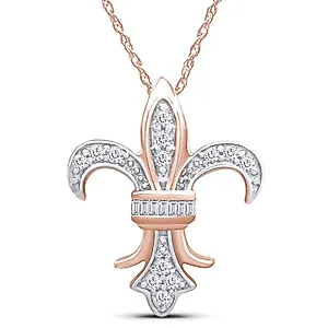 Round & Baguette Simulated Diamond Fleur de Lis Pendant 14K Rose Gold Plated 925 Sterling Silver