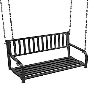 Topeakmart Hanging Porch Swing Bench Outdoor, 2-Person Metal Iron Patio Bench for Garden Deck Patio Swing Chair with Chains, Black