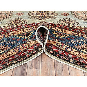 Shahbanu Rugs Light Gray Vegetable Dyes Dense Weave Soft Wool Hand Knotted Afghan Super Kazak with Geometric Medallions Oriental Rug (8'10"x12'1")