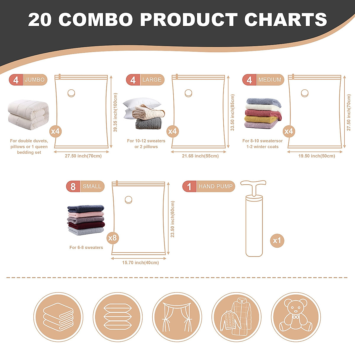 NATURELUX Vacuum Storage Bags, 20-Pack Space Saver, Zipper Vacuum Sealed Bags for Clothing, Clothes, Comforters and Blankets,Hand Pump Included (4 Jumbo/4 Large/4 Medium/8 Small)