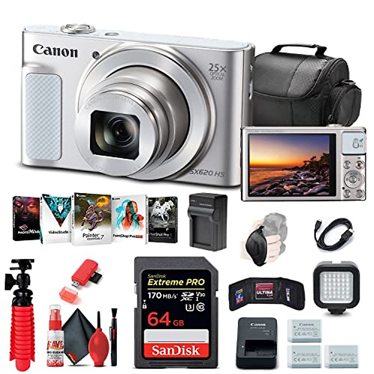 Canon PowerShot SX620 HS Digital Camera (Silver) (1074C001), 64GB Memory Card, 2 x NB13L Battery, Corel Photo Software, Charger, Card Reader, LED Light, Soft Bag + More (Renewed)