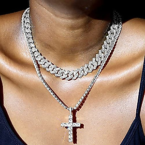 DLSIXNCO Cuban Link Chain for Men Women Cross Necklace for Men women Iced Chain Miami Cuban Link Chain Cross Pendant Diamond Chain for Men Boys Religious Jewelry Gift (Silver, 16"+18")